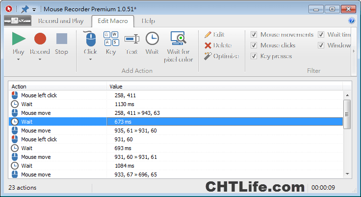 Mouse Recorder 1.0.51 - 滑鼠自動連續點擊、鍵盤動作錄製軟體 - CHTLife